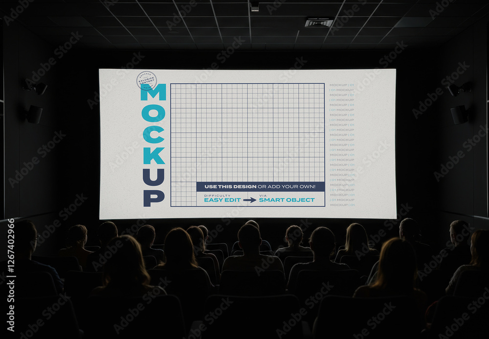 Projector Screen Cinema with People Watching Mockup Stock Template ...