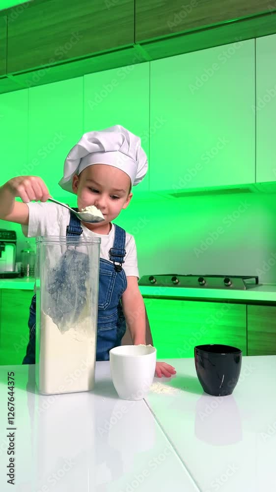 Child makes a recipe in a bright kitchen. A young child in a chef hat ...