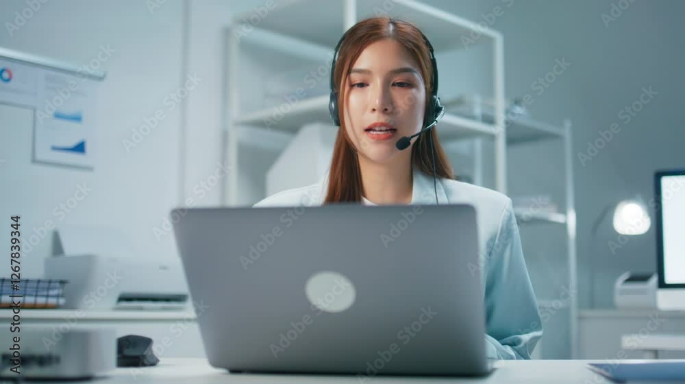 Portrait of Asian businesswoman, call center agent wearing headset giving support to customer at ...
