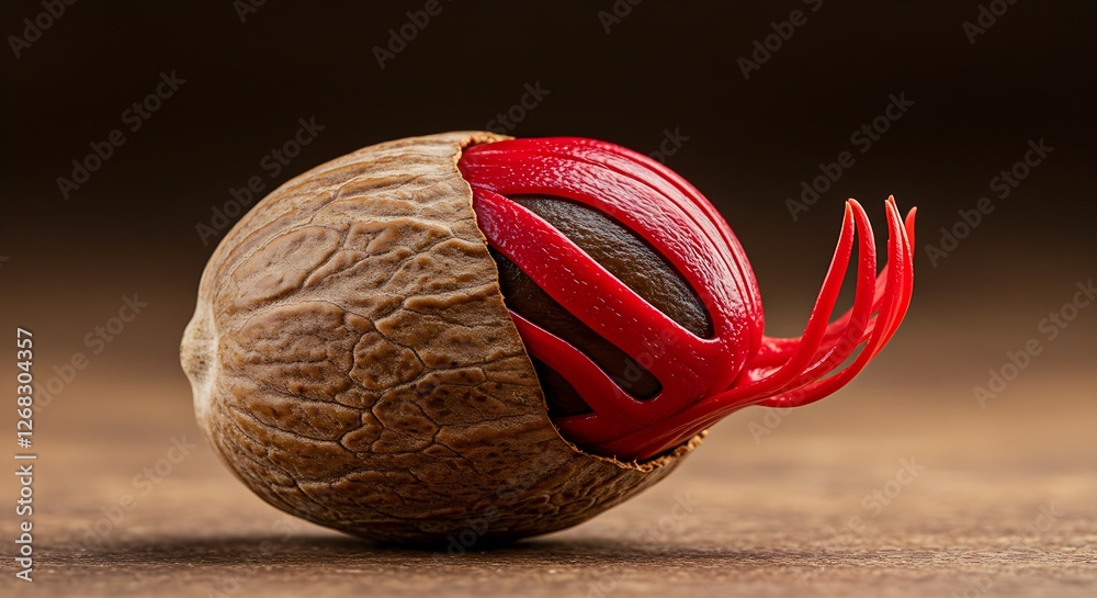 Poster A whole nutmeg seed with its bright red mace still attached ...