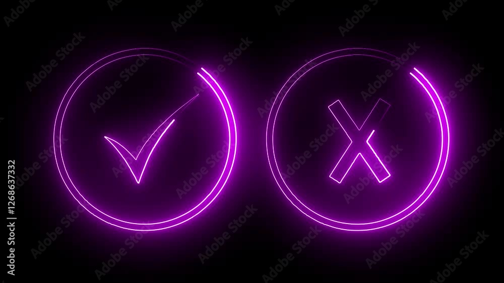 Tick or check mark and cross mark signs neon icon animation. right and wrong animated neon icons ...