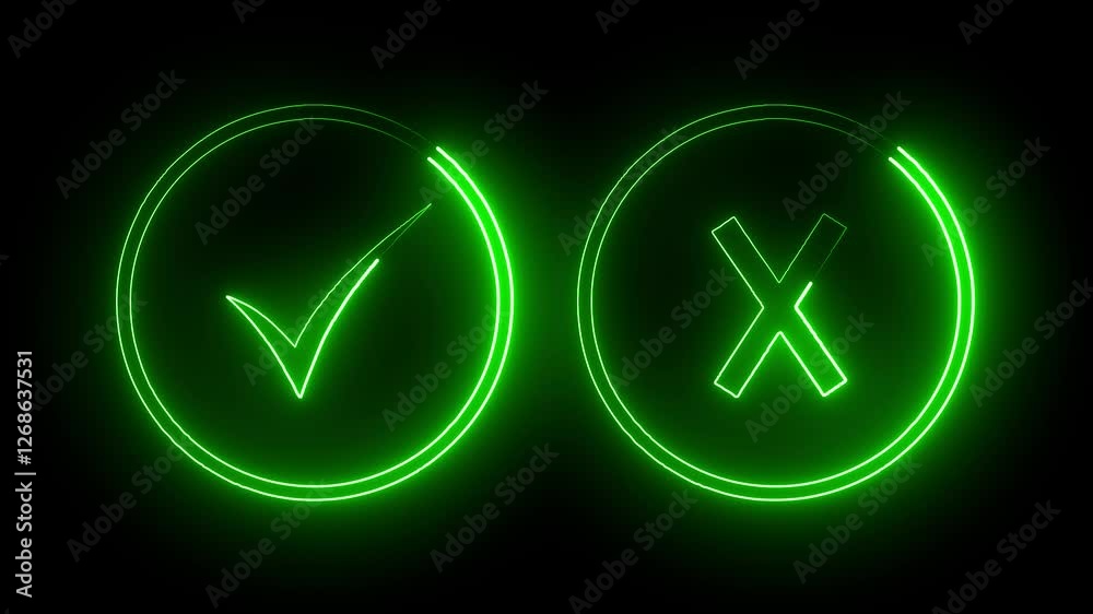 Tick or check mark and cross mark signs neon icon animation. right and wrong animated neon icons ...