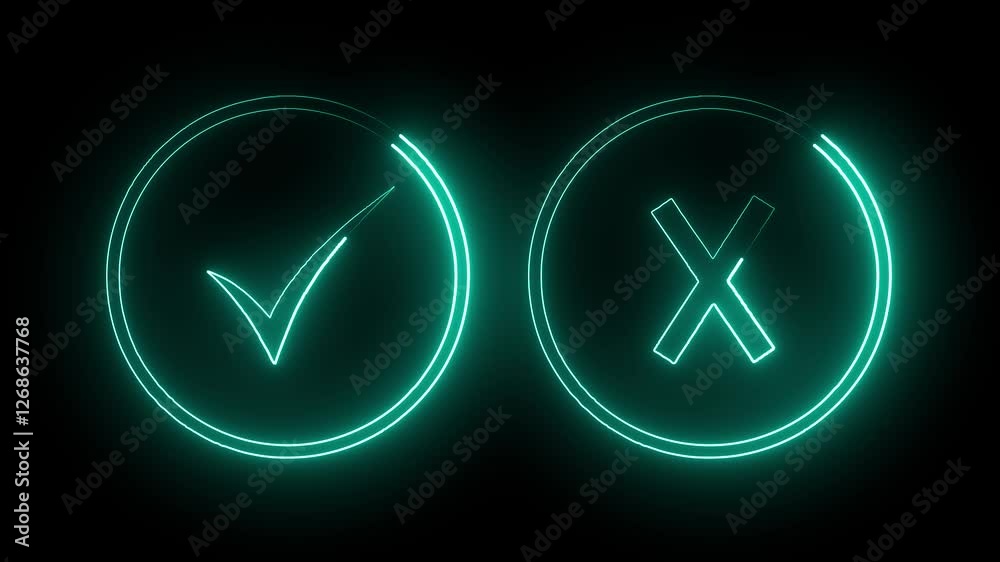 Tick or check mark and cross mark signs neon icon animation. right and wrong animated neon icons ...