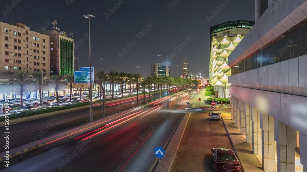 Aerial night panoramic timelapse of King Fahd Road in Riyadh, Saudi ...