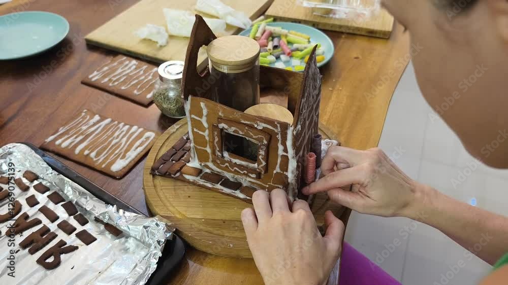 Mother and daughter at the table cooking gingerbread house for ...