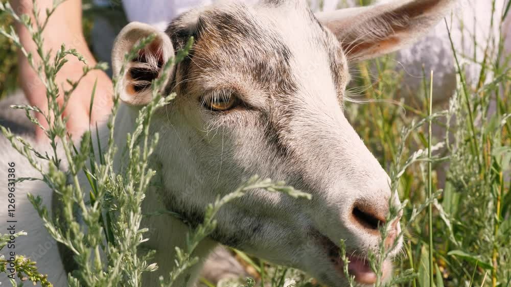 Muzzle head of chewing white little goat with woman hands at summer ...