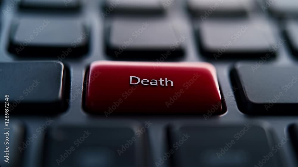A striking red button labeled death stands out among black keys on a ...