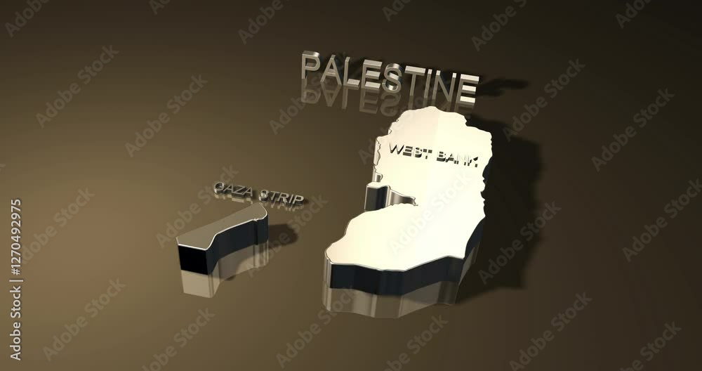 Map of Palestine the West Asian nation in 3D animation with golden ...