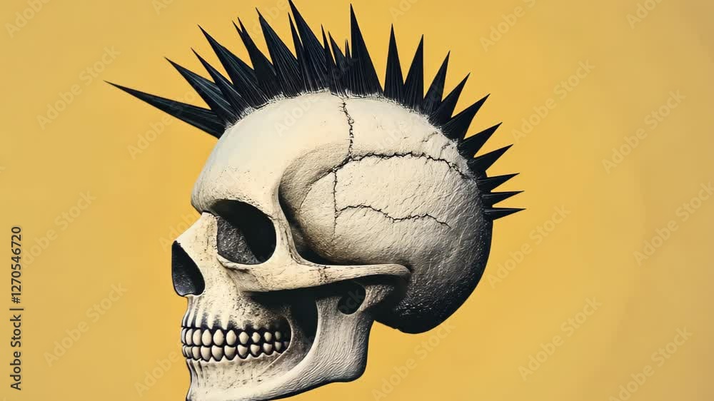 Illustration of a human skull with spiked hair on a yellow background ...