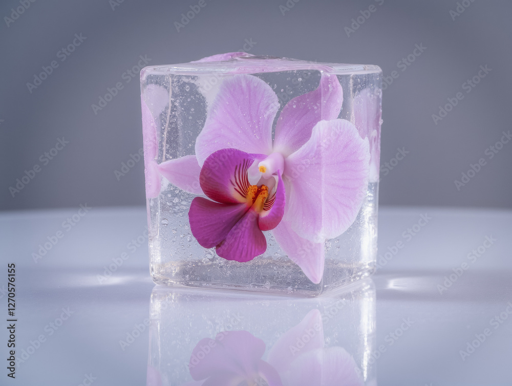 Photo & Art Print Pink orchid encased in ice cube on reflective surface ...