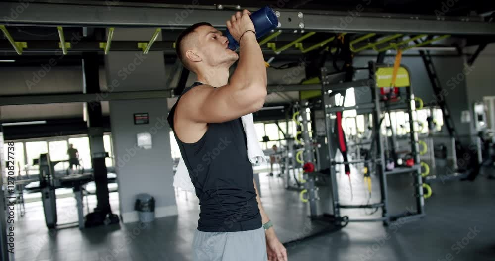 A dedicated young man hydrates during a workout session in a modern gym ...