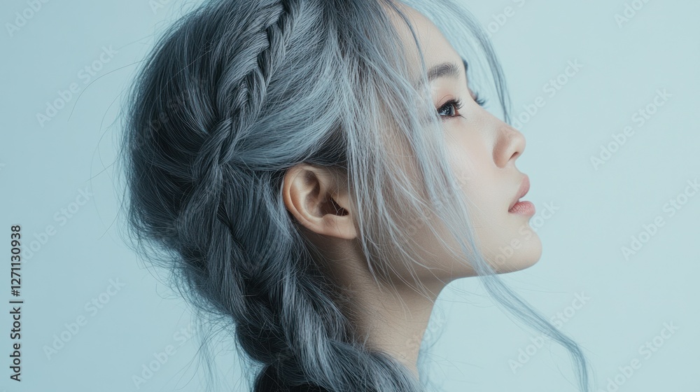 Poster Side view of a woman with long silver-gray hair styled in a ...