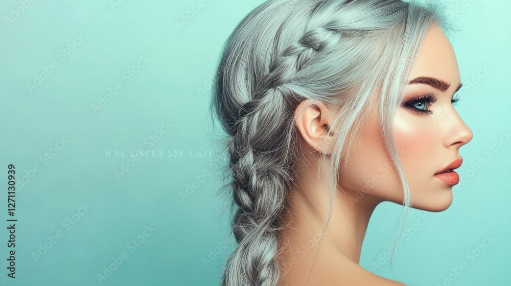 Poster Side view of a woman with long silver-gray hair styled in a ...