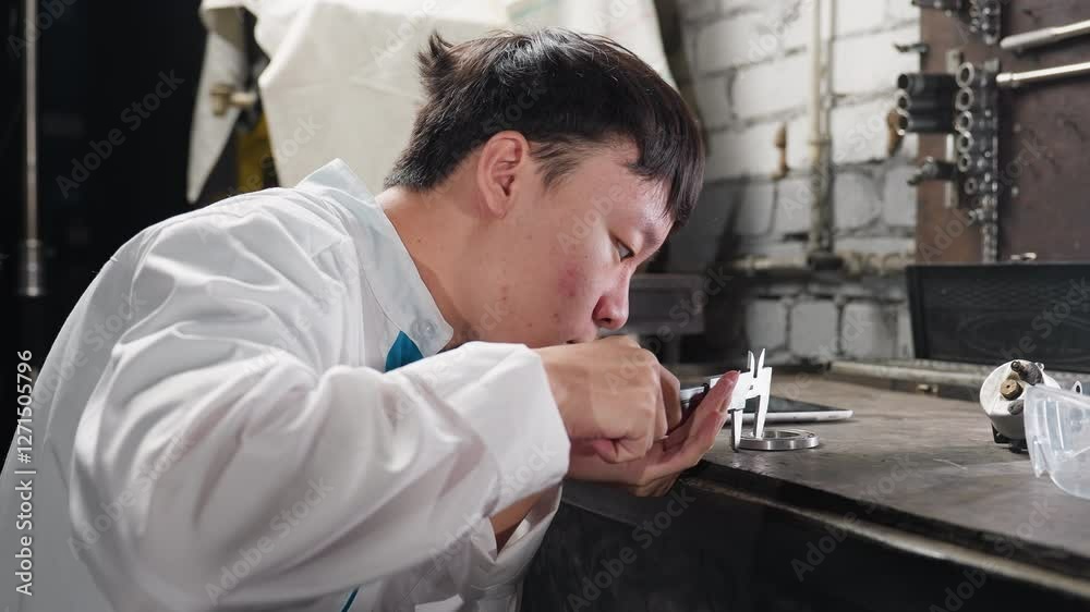 Lab technician uses vernier caliper to measure metal object's diameter ...