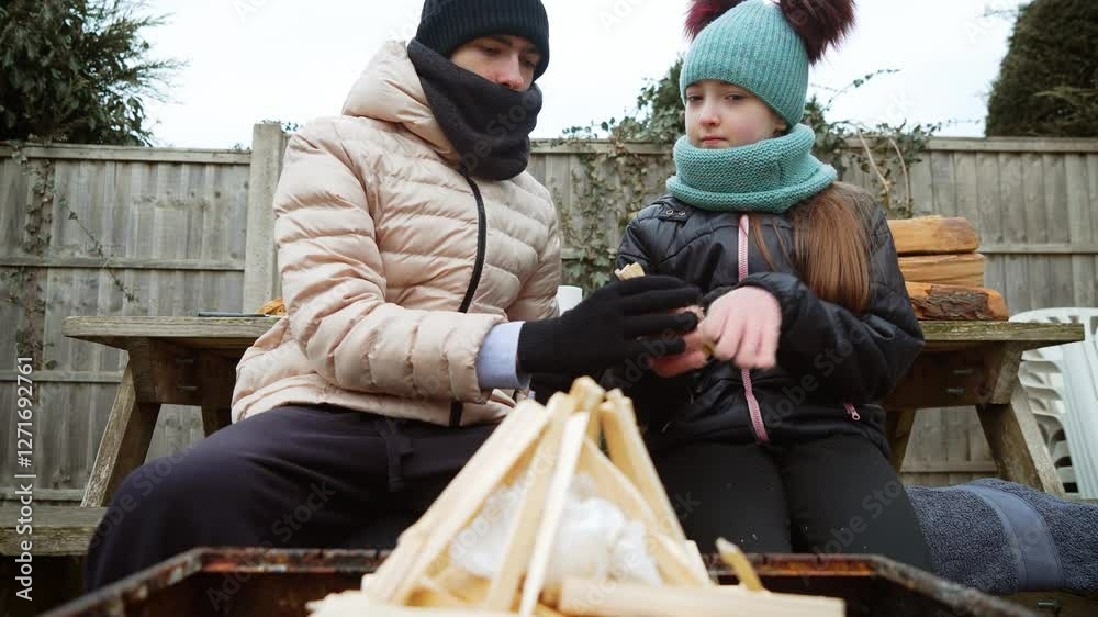 Brother and sister setting up fire, arranging wooden sticks and ...