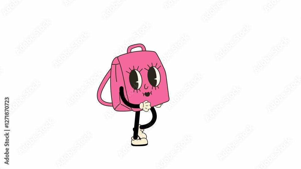 Groovy Retro Cartoon Backpack Character, walking in a seamless loop ...