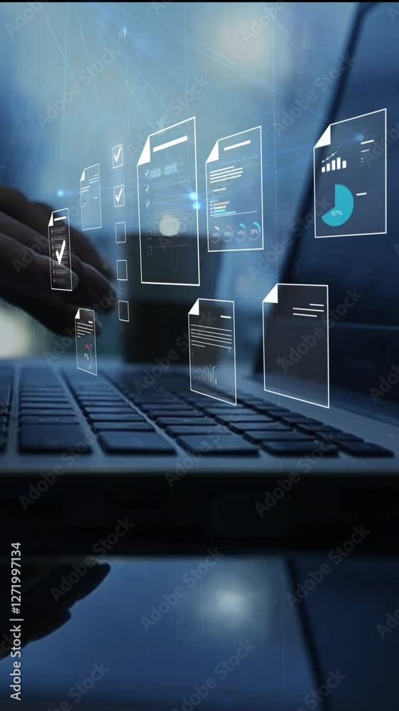 Document management concept, Businesswomen check electronic documents ...