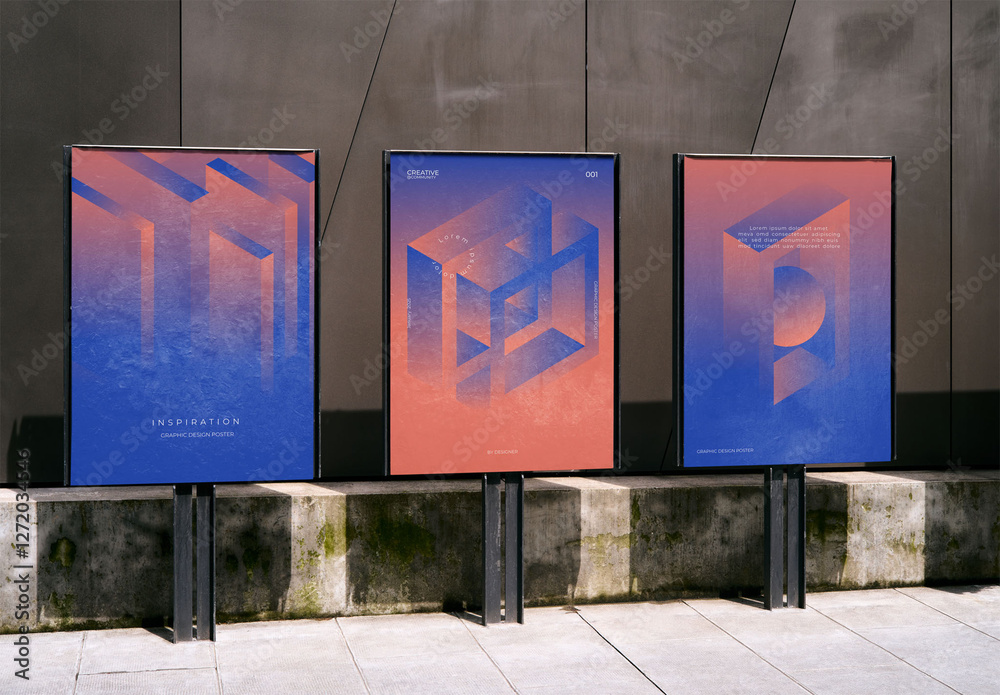 Mockup Of Three Vertical Customizable Posters On Stands Stock Template ...