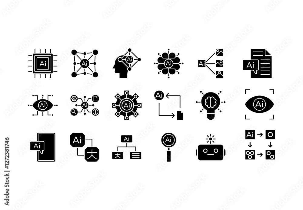 Black and White Generative AI Icons Solid Fill Style. AI Technology ...