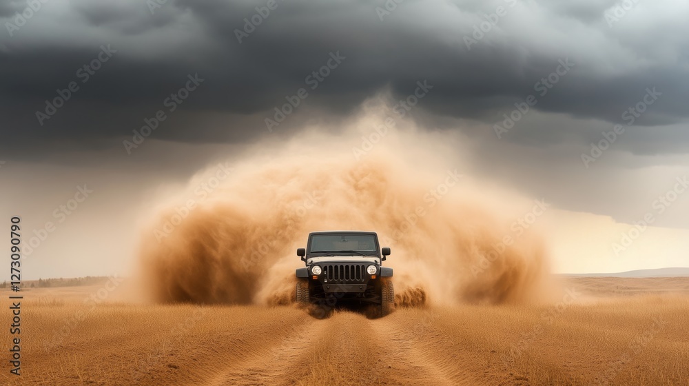 Poster storm chaser vehicle racing towards a developing tornado ...