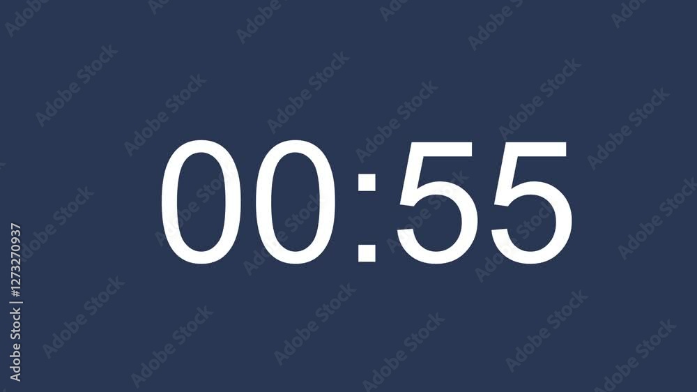 1 minute countdown timer. Digital clock. White numbers on dark blue ...