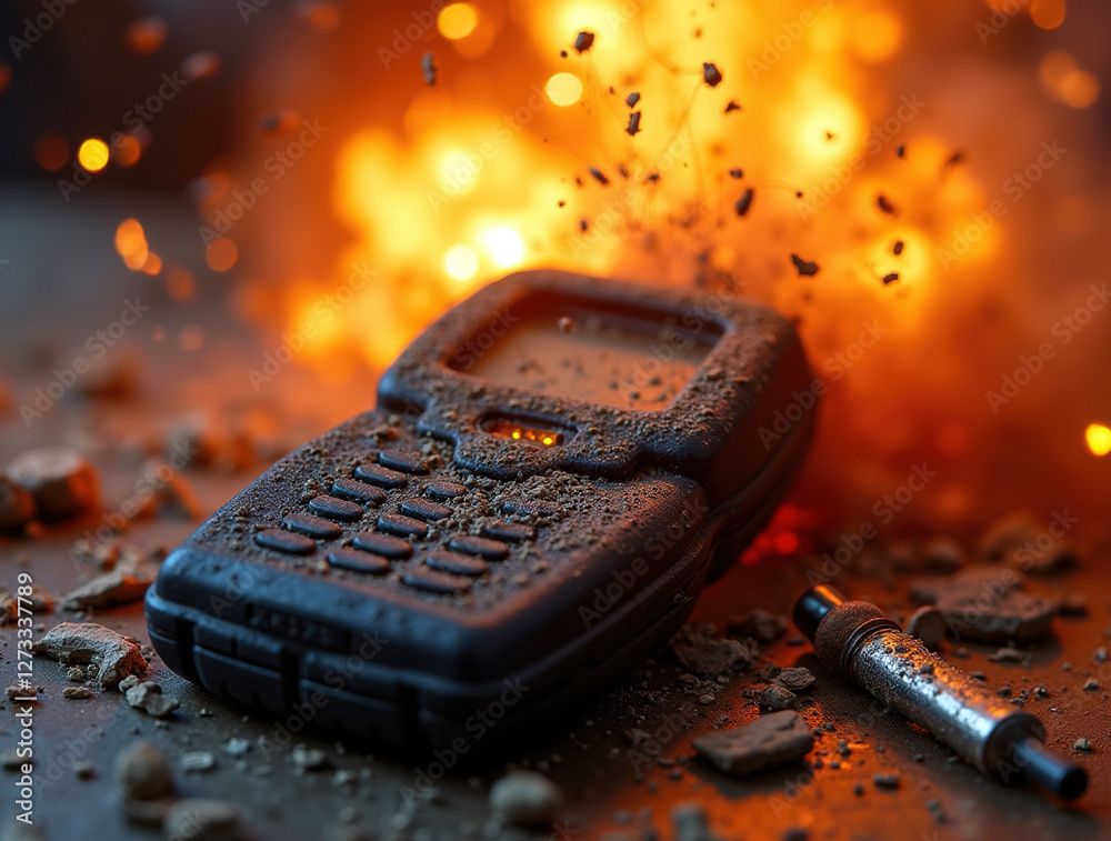 Poster Explosion of pager. Danger. Fire and ignition of plastic – Wall ...