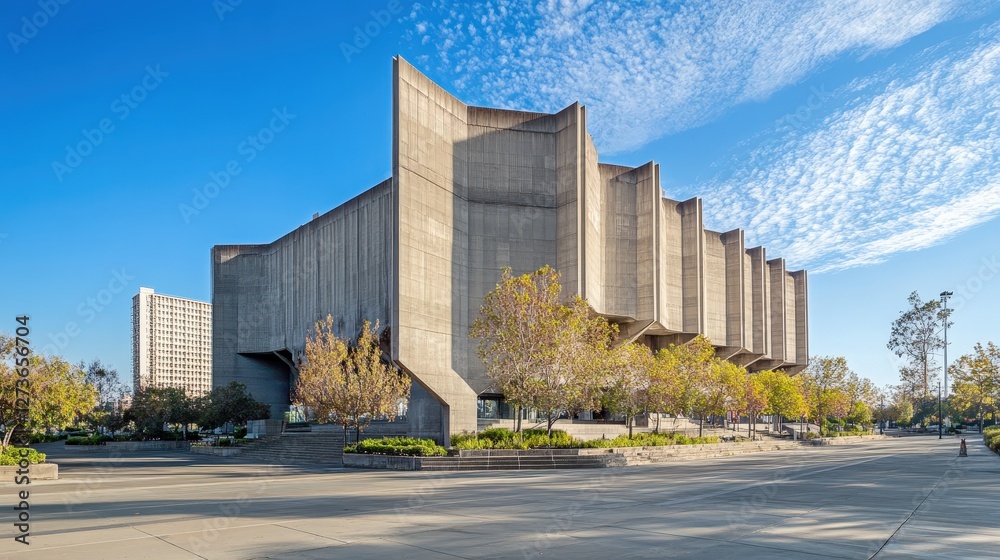 A Brutalist civic center with its stark, angular concrete walls ...