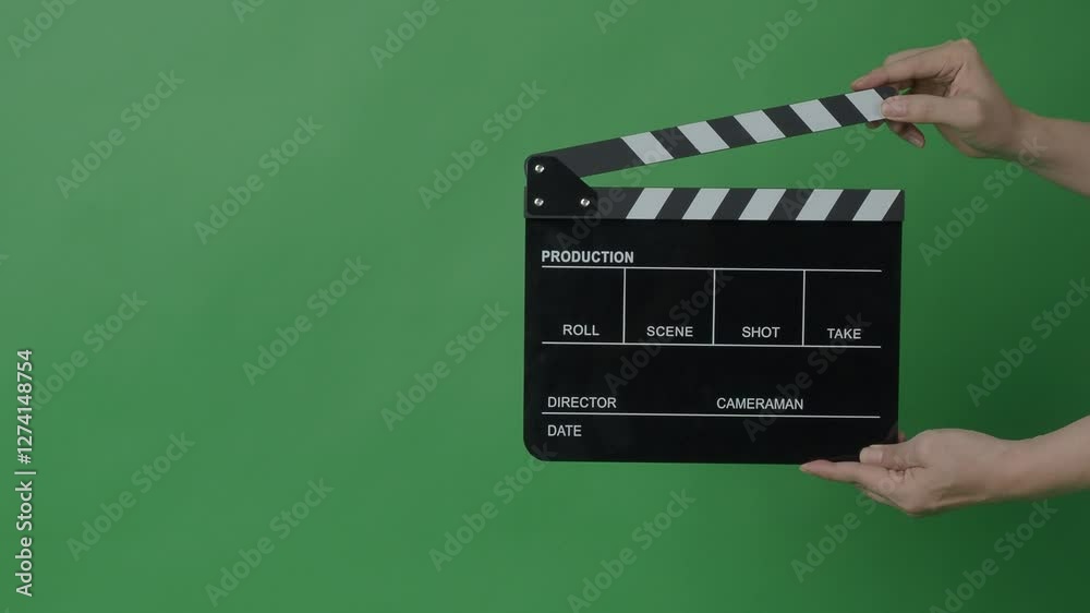 A classic black and white film clapperboard or movie slate being held ...