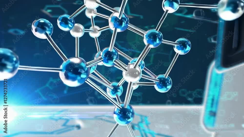Complex molecular structure, composed of blue and white spheres ...