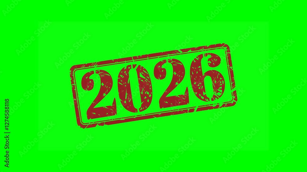 Animated "2026" rubber stamp seal with bold red text with zoom and hit ...