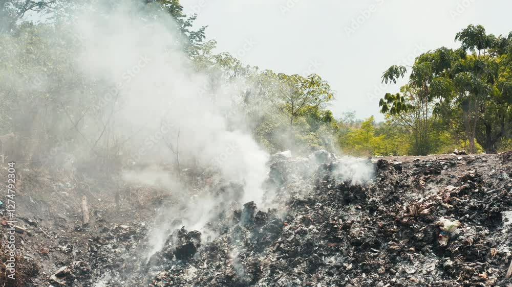 Garbage, fire burning and smoke in landfill. Also called trash, waste ...