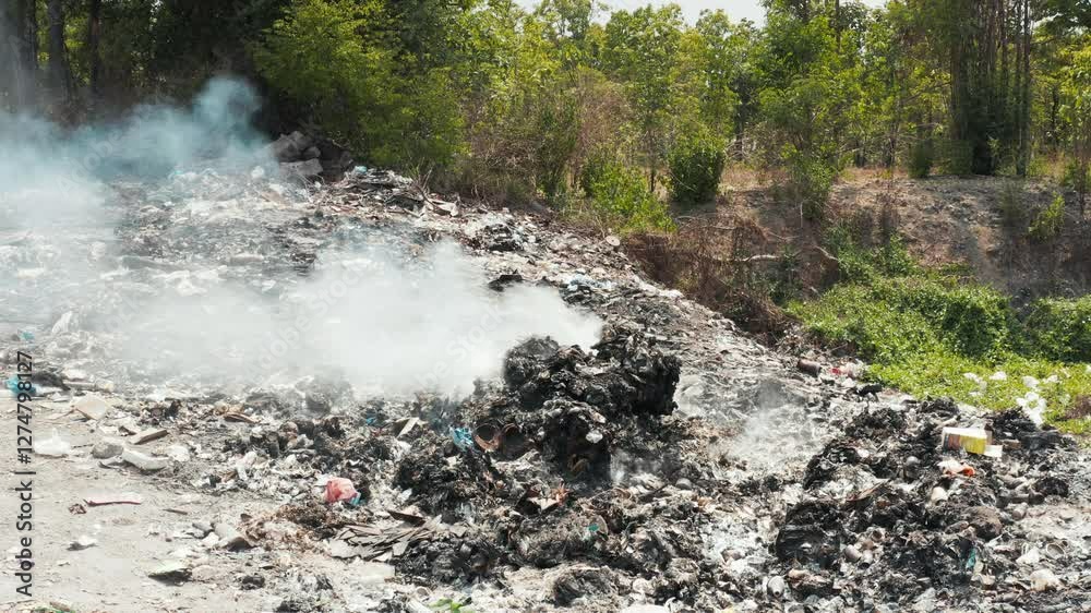 Garbage, fire burning and smoke in landfill. Also called trash, waste ...