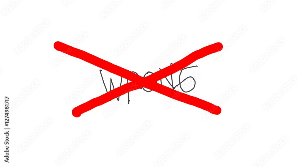 Wrong text with a bold red X mark, hand drawn lettering animation ...