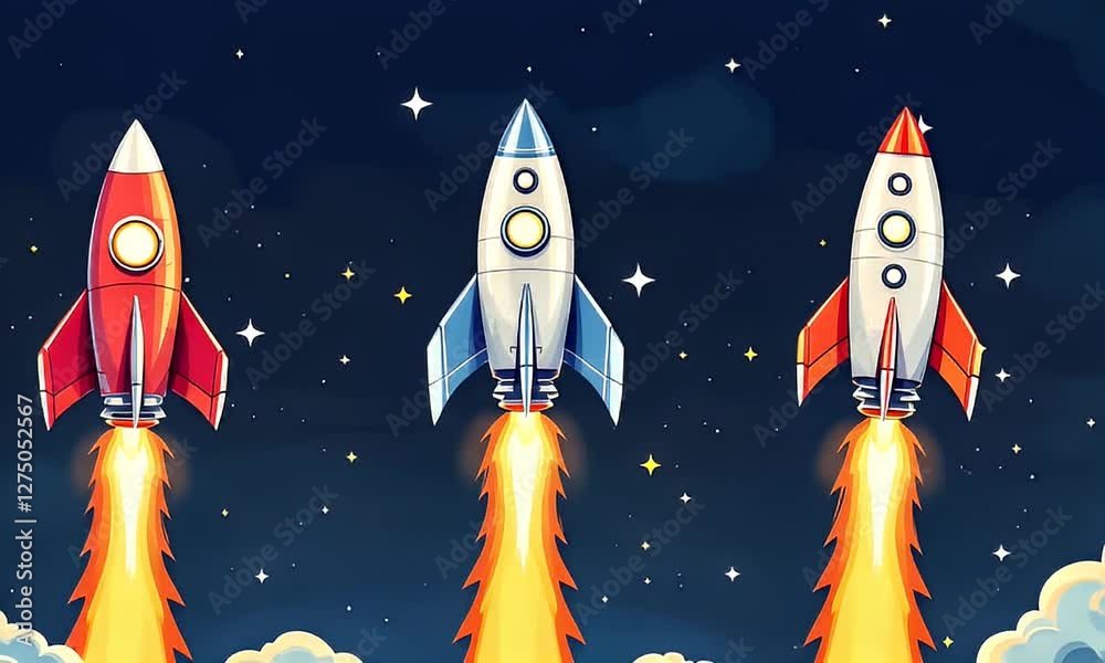 Spacecraft with fire flames flying on dark galaxy background with stars ...
