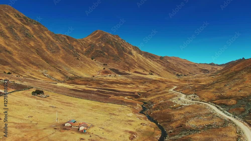 Flyover freshwater river and off-road in the Peruvian Andes on the ...