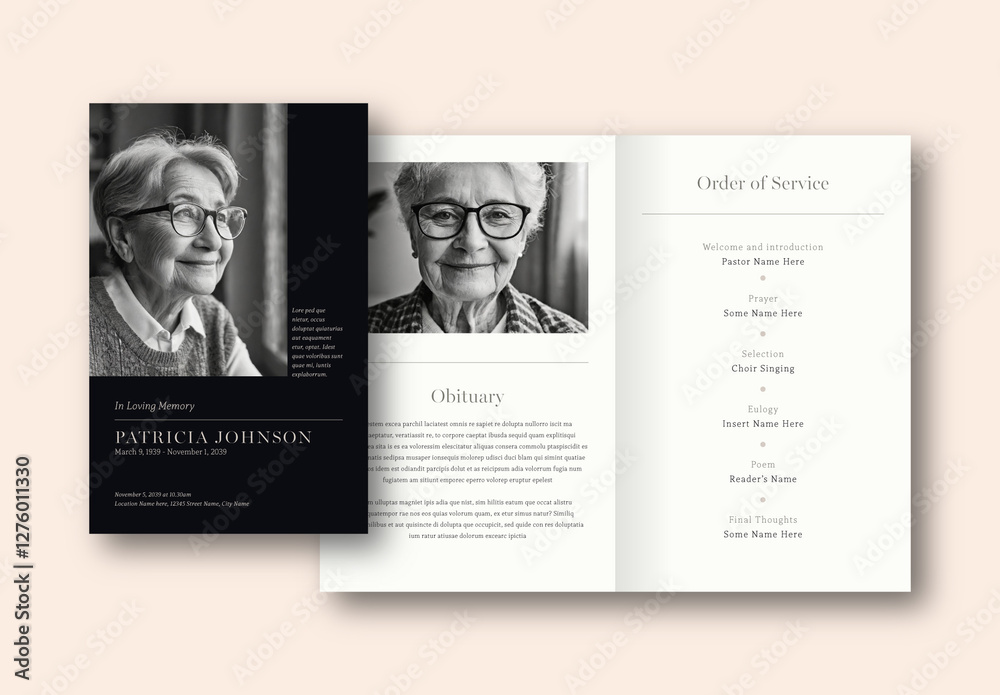 Funeral Program Template Large Photo Dark Theme Stock Template | Adobe ...