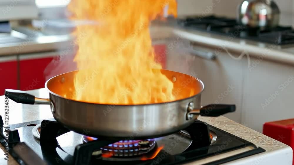 Fire in the Kitchen: A stainless steel pan bursts into flames on a gas ...