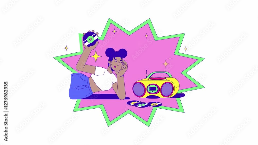 African american y2k girl with CDs and boombox 2D animation. 2000s ...