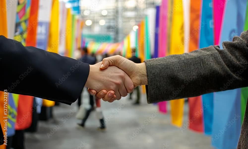 Two professionals shaking hands at a vibrant networking event with ...