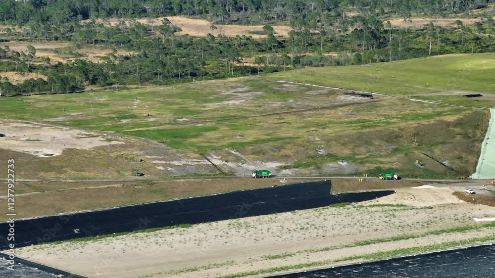 Garbage landfill site with bulldozer tractors burying large amount of ...
