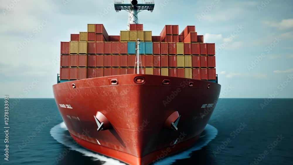 A cargo ship loaded with shipping containers, with a floating tariff ...