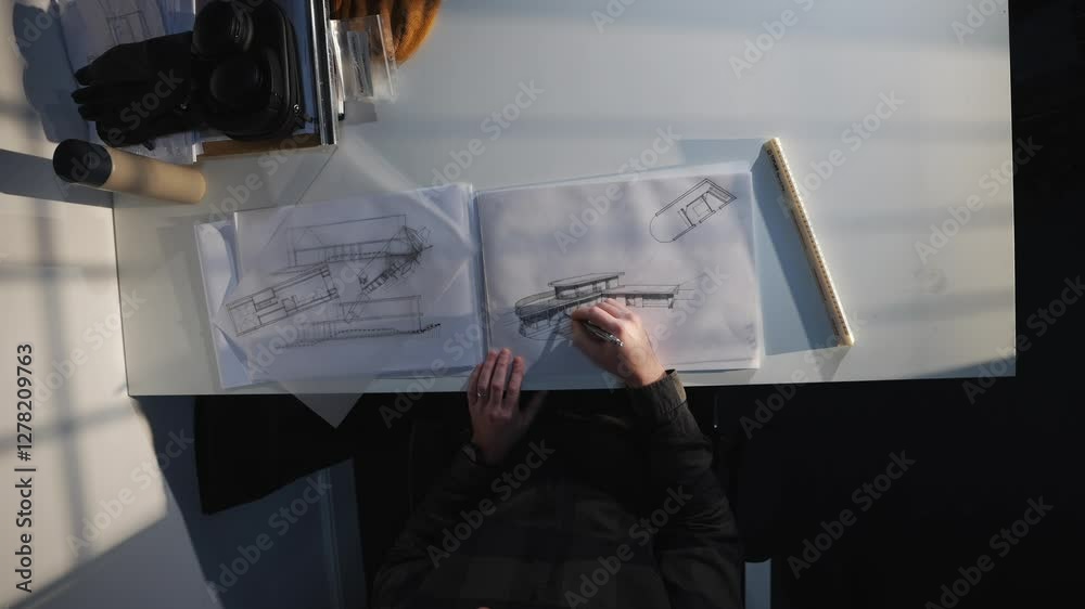 A person is drawing on a white table with a book open in front of them ...