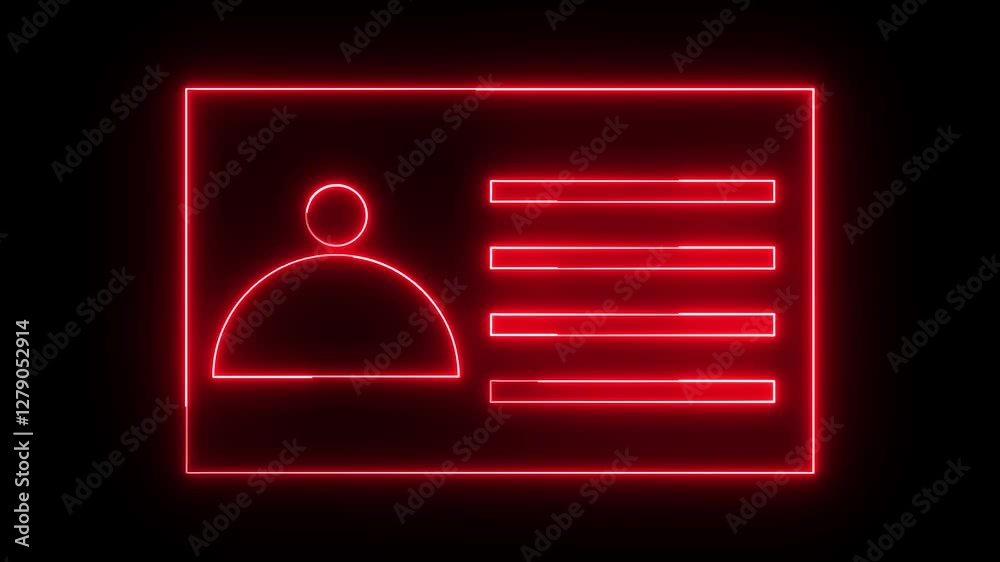 ID card icon animation neon glowing red color user id identification ...