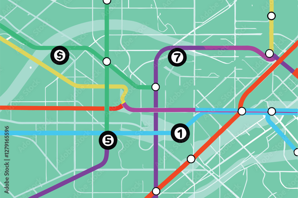 Poster Create a vibrant, detailed urban subway map featuring numerous ...