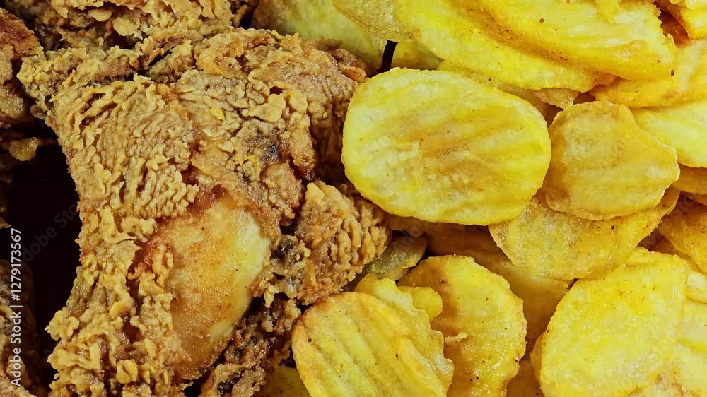 Broasted chicken meal with fried potato chips, a broast chicken pieces ...