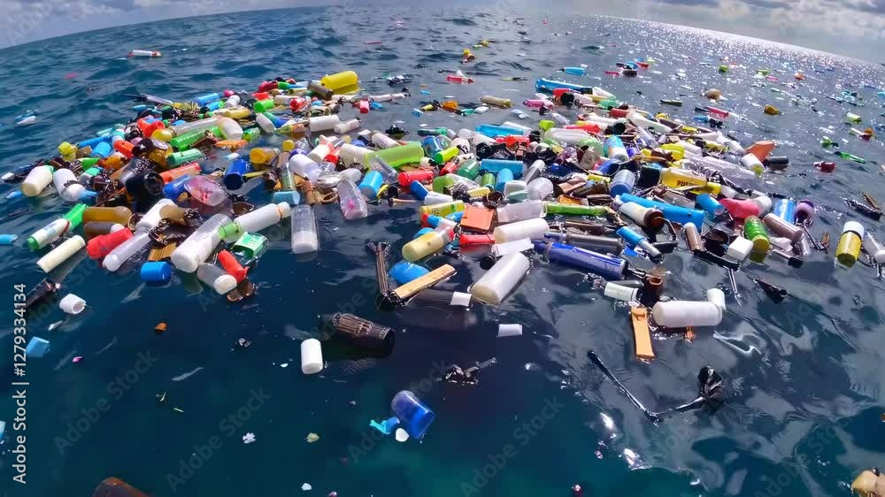 Vast accumulation of plastic waste floating in the ocean, showing the ...