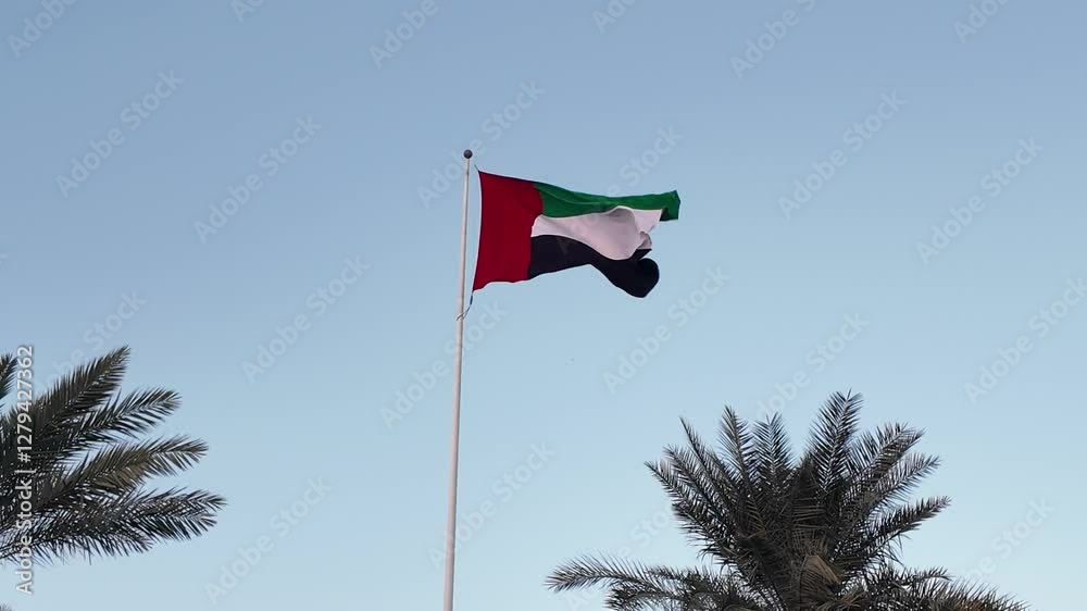 UAE flag waving in the blue sky between palm trees, national symbol of ...