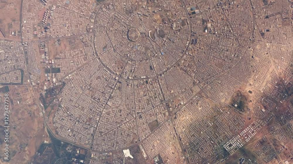 Aerial high altitude airplane top down view of Erbil Iraq also called ...
