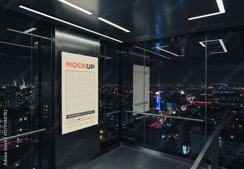 Vertical Poster Mockup Inside Glass Modern Elevator Night City View ...