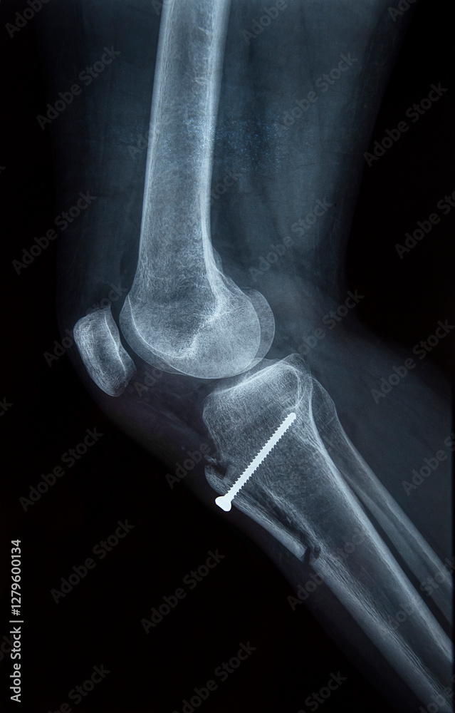 Poster X-ray of a knee with dislocated patella damage and titanium ...